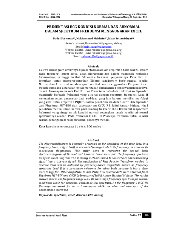 (PDF) Presentasi Ecg Kondisi Normal Dan Abnormal Dalam Spektrum Frekuensi Menggunakan Excel