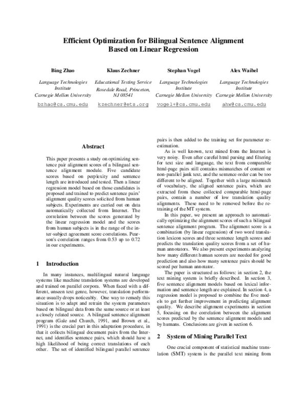 Pdf Efficient Optimization For Bilingual Sentence Alignment Based On Linear Regression