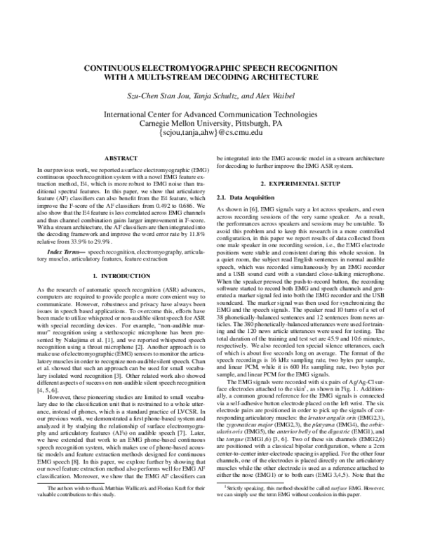 (PDF) Continuous Electromyographic Speech Recognition with a Multi-Stream Decoding Architecture ...