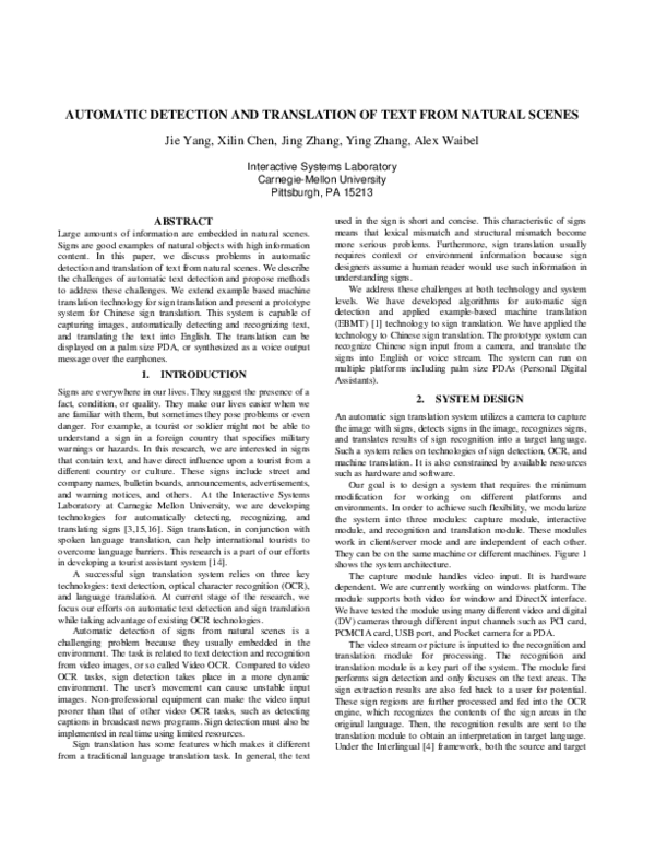 (PDF) Automatic detection and translation of text from natural scenes