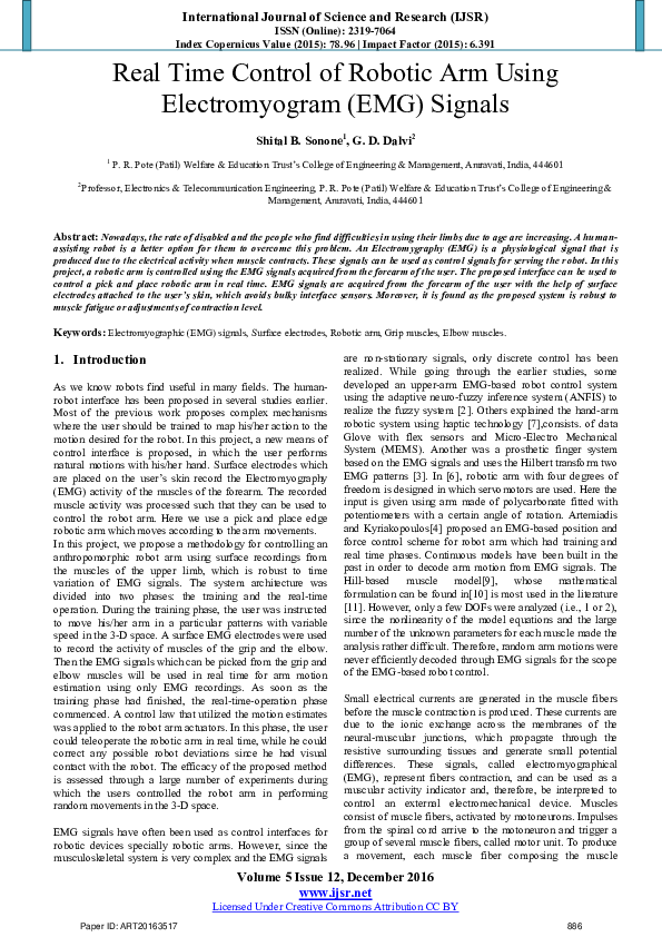 (PDF) Real Time Control of Robotic Arm Using Electromyogram (EMG) Signals