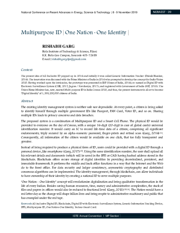 (PDF) Multipurpose ID: One Nation - One Identity