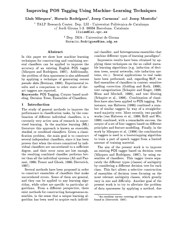 Pdf Improving Pos Tagging Using Machine Learning Techniques 