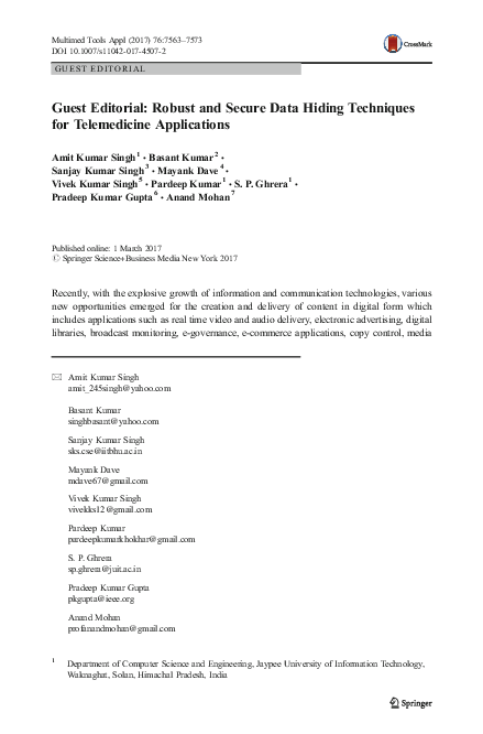 (PDF) Guest Editorial: Robust and Secure Data Hiding Techniques for Telemedicine Applications