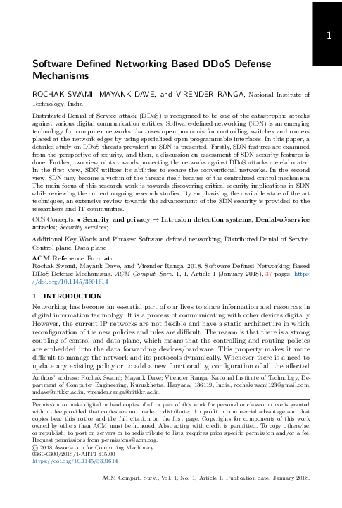 (PDF) Software-defined Networking-based DDoS Defense Mechanisms