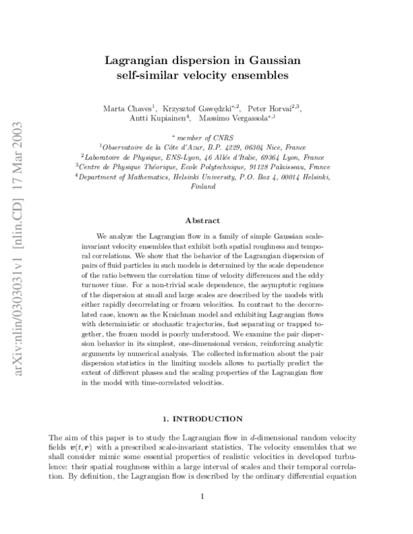 (PDF) Lagrangian Dispersion in Gaussian Self-Similar Velocity Ensembles
