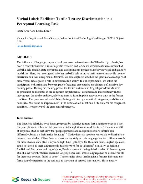 (PDF) Verbal Labels Facilitate Tactile Texture Discrimination in a ...