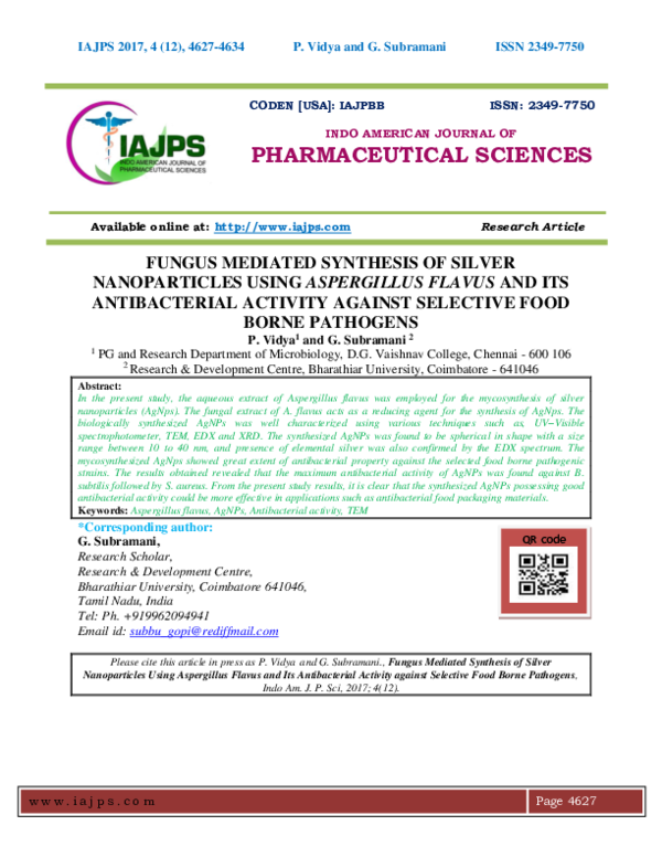(PDF) Fungus Mediated Synthesis of Silver Nanoparticles Using Aspergillus Flavus and Its ...