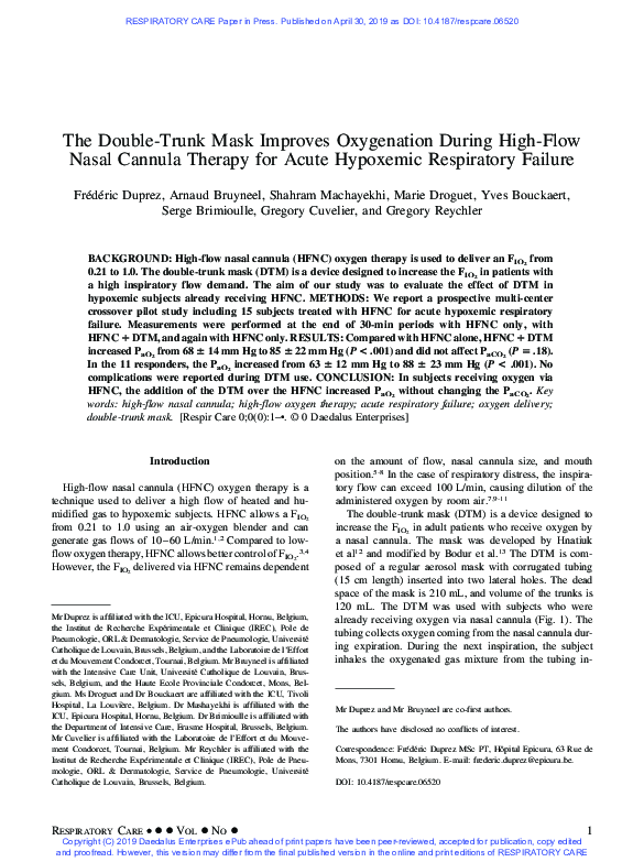 (PDF) The Double-Trunk Mask Improves Oxygenation During High-Flow Nasal ...