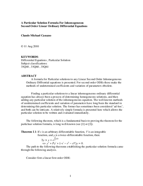 (PDF) A Particular Solution Formula For Inhomogeneous Second Order Linear Ordinary Differential ...