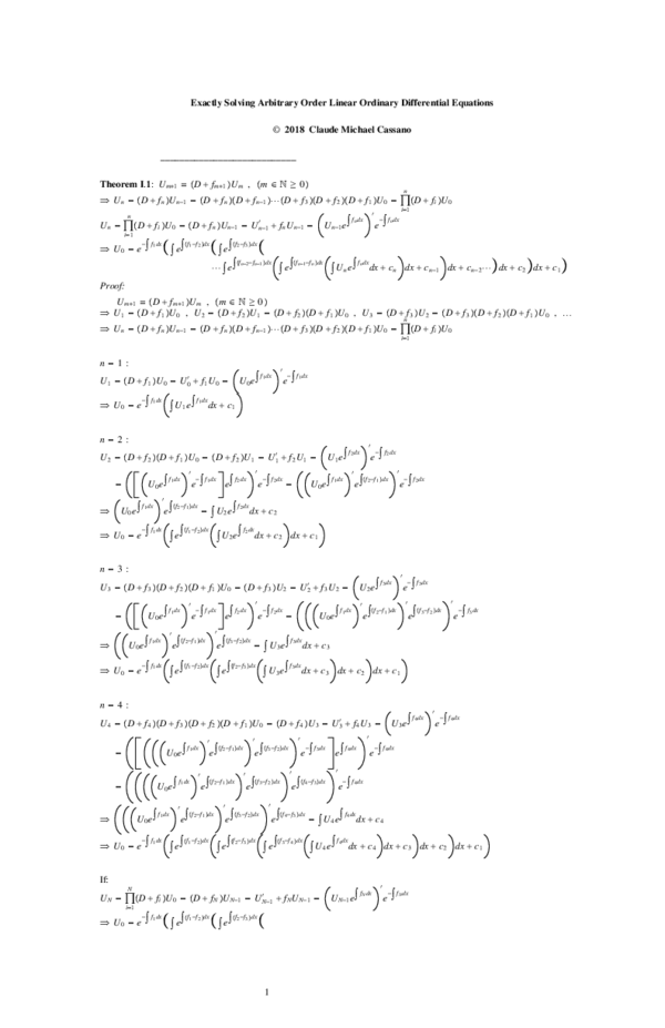 (PDF) Exactly Solving Arbitrary Order Linear Ordinary Differential Equations
