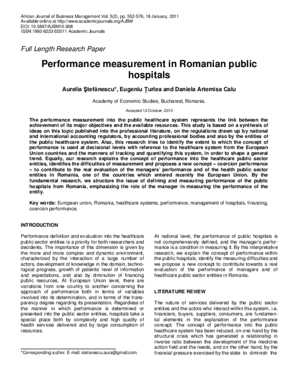 (PDF) Performance measurement in Romanian public hospitals