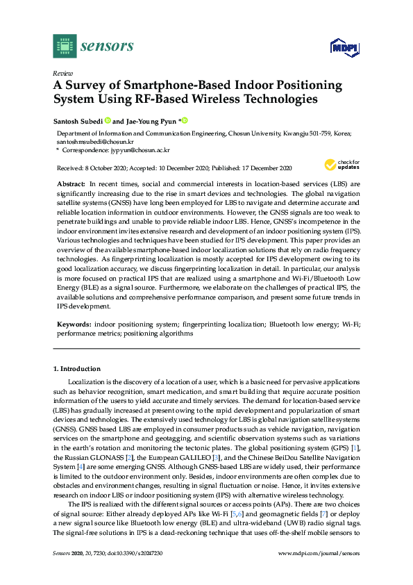 Pdf A Survey Of Smartphone Based Indoor Positioning System Using Rf Based Wireless Technologies