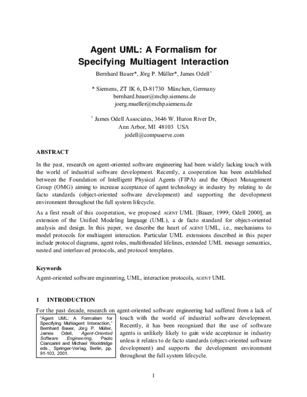 (PDF) Agent Uml: A Formalism for Specifying Multiagent Software Systems