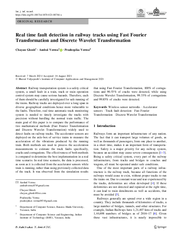 Pdf Real Time Fault Detection In Railway Tracks Using Fast Fourier Transformation And Discrete