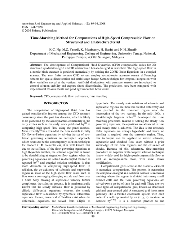 Pdf Time Marching Method For Computations Of High Speed Compressible Flow On Structured And