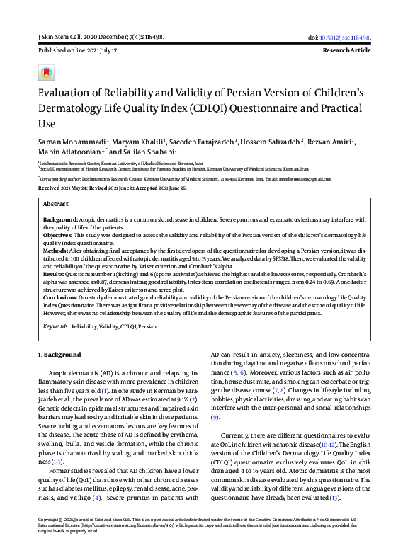 (PDF) Evaluation of Reliability and Validity of Persian Version of ...