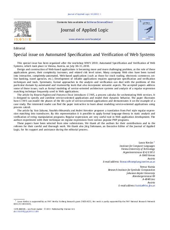 (PDF) Special issue on Automated Specification and Verification of Web ...