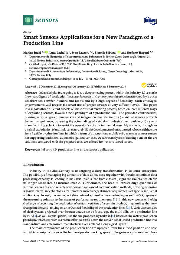(PDF) Smart Sensors Applications for a New Paradigm of a Production Line