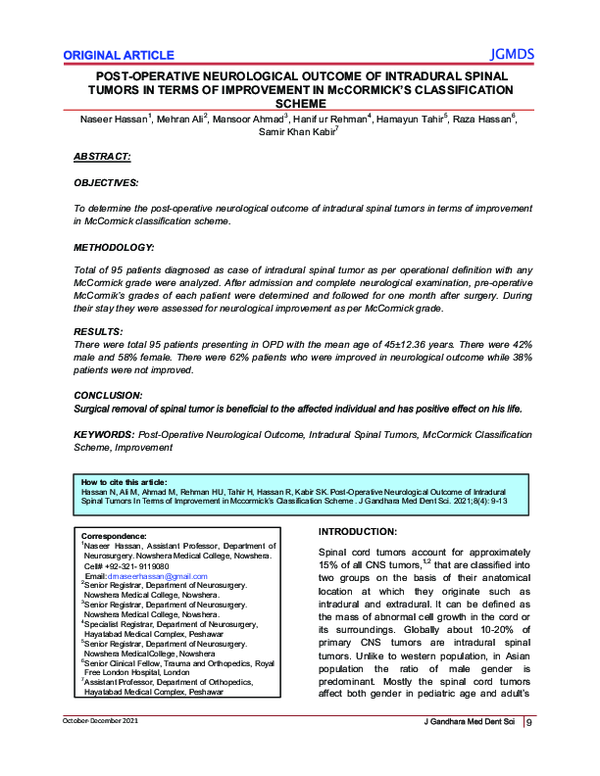 (PDF) Post-Operative Neurological Outcome of Intradural Spinal Tumors ...