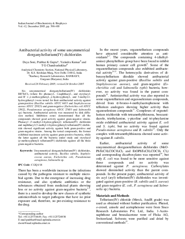 (PDF) Antibacterial activity of some unsymmetrical diorganyltellurium ...
