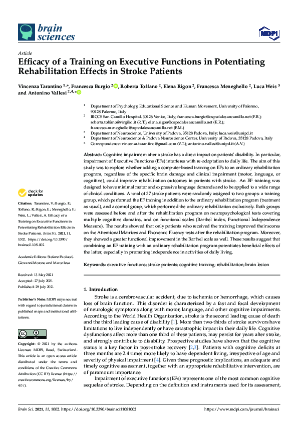 Pdf Integrative Executive Function Training In Chronic Stroke—a Case Example Asha Vas
