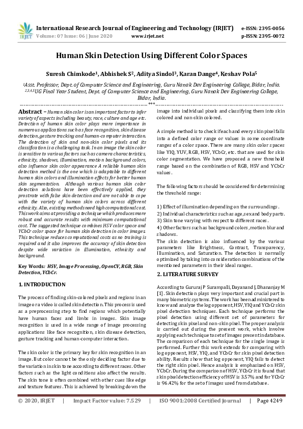 Pdf Human Skin Detection Using Different Color Spaces