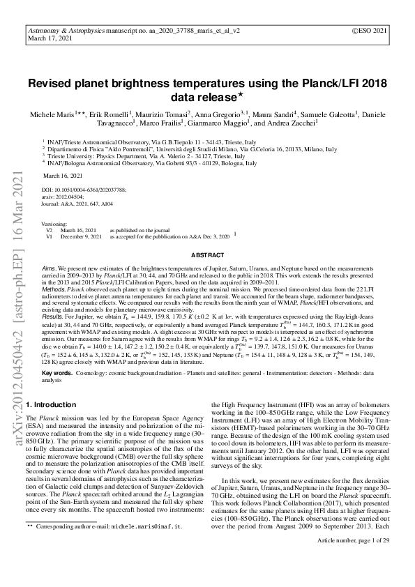 (PDF) Revised planet brightness temperatures using the Planck/LFI 2018 ...
