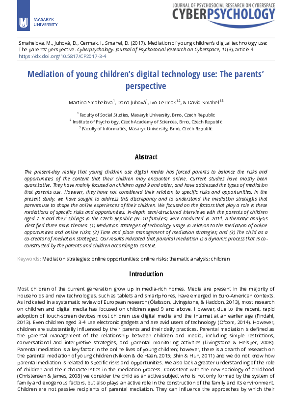 (PDF) Mediation of young children’s digital technology use: The parents’ perspective