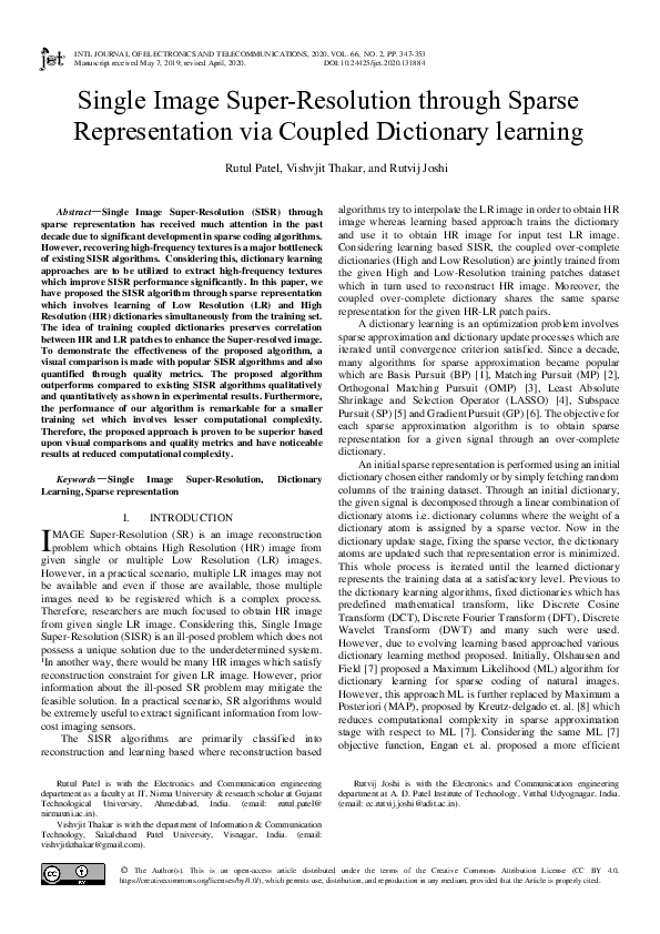 (PDF) Single Image Super-Resolution through Sparse Representation via Coupled Dictionary learning