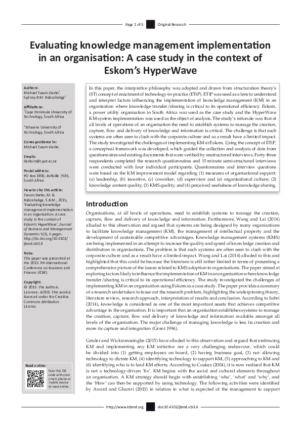 (PDF) Evaluating knowledge management implementation in an organisation: A case study in the ...