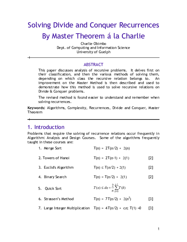 Pdf Solving Divide And Conquer Recurrences By Master Theorem á La Charlie