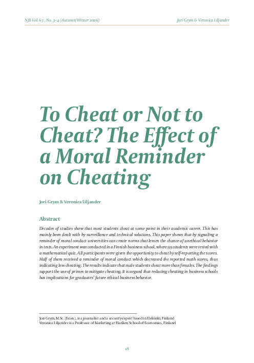 (PDF) To cheat or not to cheat? The effect of a moral reminder on cheating