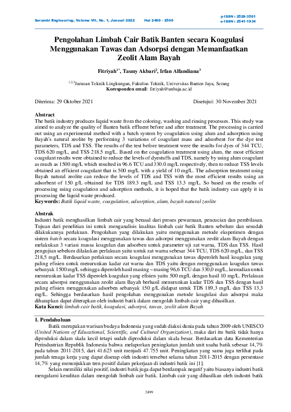 (PDF) Pengolahan Limbah Cair Batik Banten secara Koagulasi Menggunakan Tawas dan Adsorpsi dengan ...