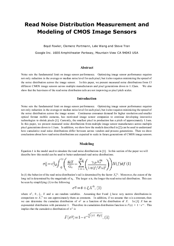 (PDF) Read Noise Distribution Measurement and Modeling of CMOS Image Sensors