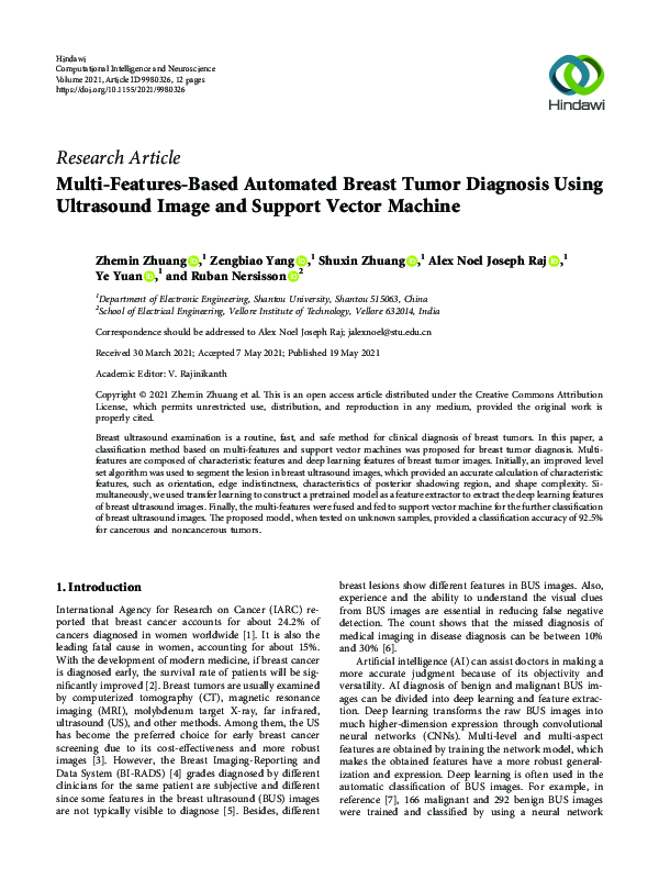 Pdf Multi Features Based Automated Breast Tumor Diagnosis Using Ultrasound Image And Support