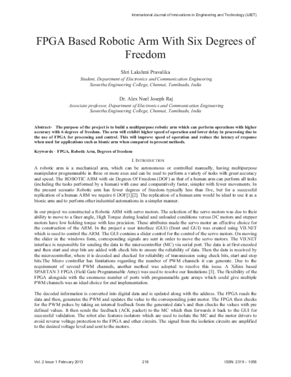 (PDF) FPGA Based Robotic Arm With Six Degrees of Freedom