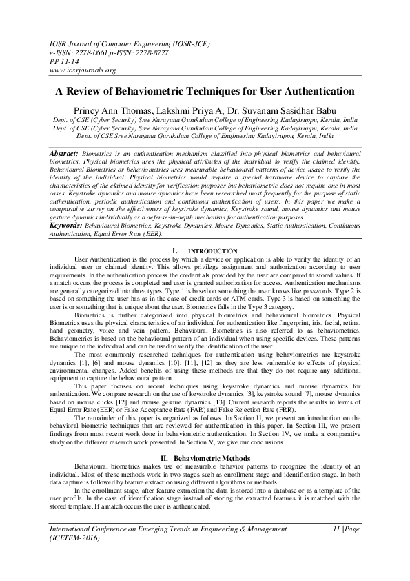 (PDF) A Review of Behaviometric Techniques for User Authentication
