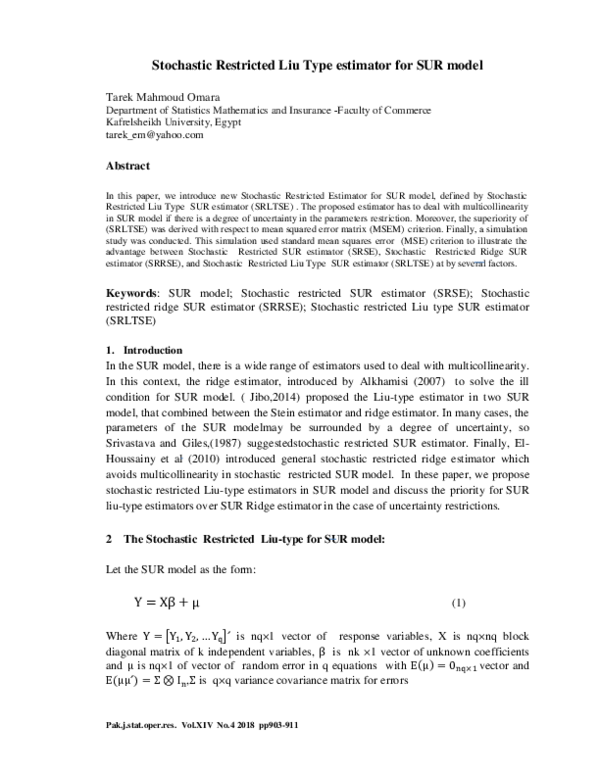 (PDF) Stochastic Restricted Liu Type estimator for SUR model