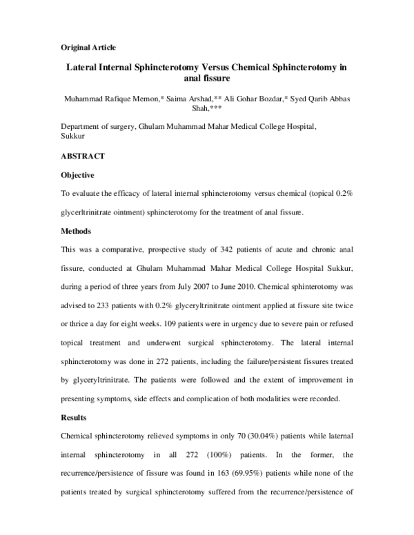 (PDF) Lateral Internal Sphincterotomy Versus Chemical Sphincterotomy in ...