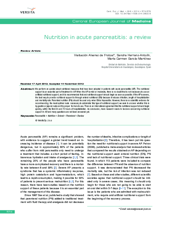 (PDF) Nutrition in acute pancreatitis: a review