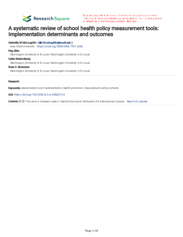 (PDF) A systematic review of school health policy measurement tools: Implementation determinants ...