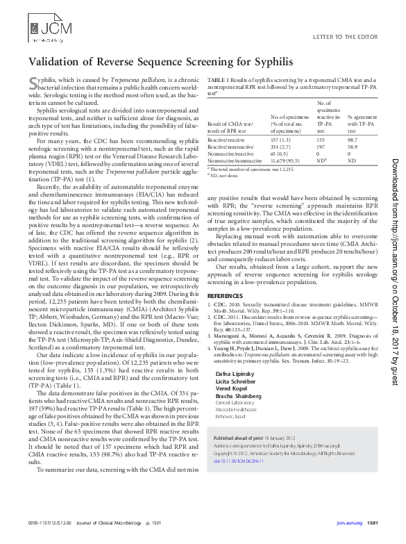 Pdf Validation Of Reverse Sequence Screening For Syphilis