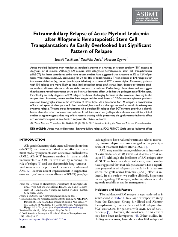 (PDF) Extramedullary Relapse of Acute Myeloid Leukemia after Allogeneic Hematopoietic Stem Cell ...