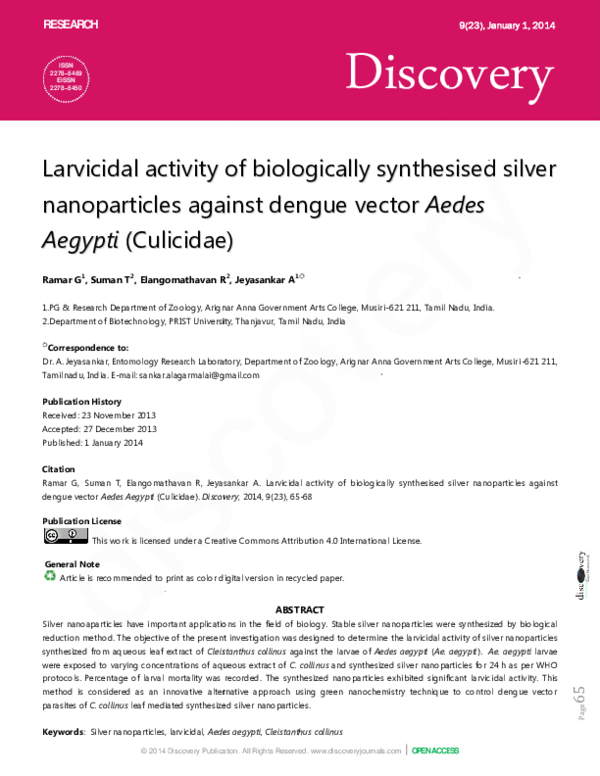(PDF) Larvicidal activity of biologically synthesised silver nanoparticles against dengue vector