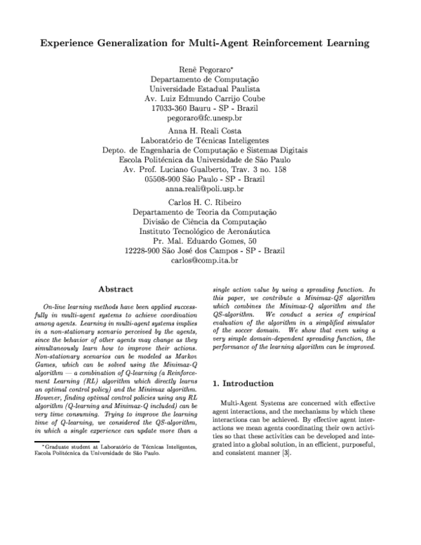 (PDF) Experience generalization for multi-agent reinforcement learning
