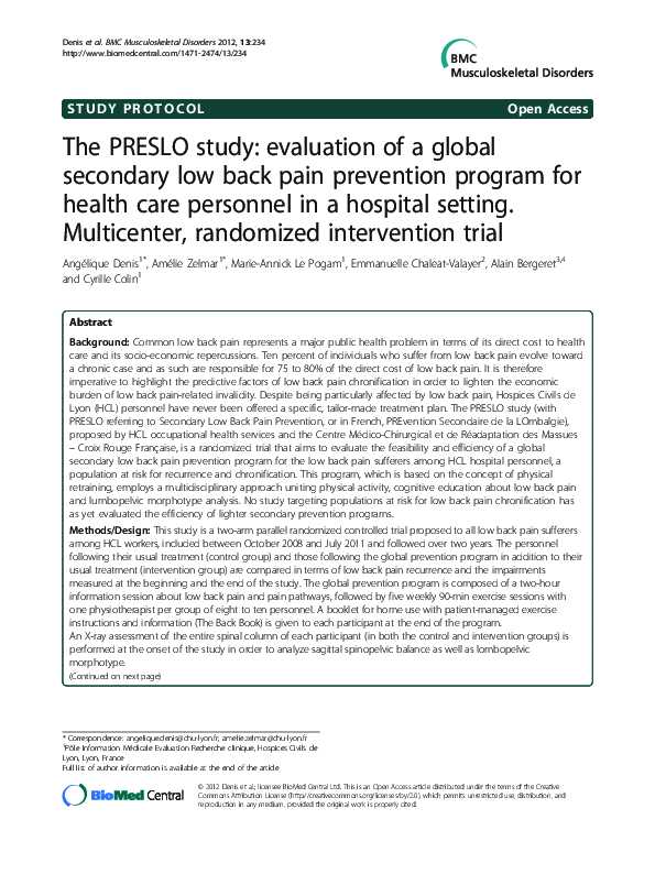 (PDF) The PRESLO study: evaluation of a global secondary low back pain ...
