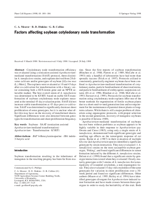 Pdf Factors Affecting Soybean Cotyledonary Node Transformation