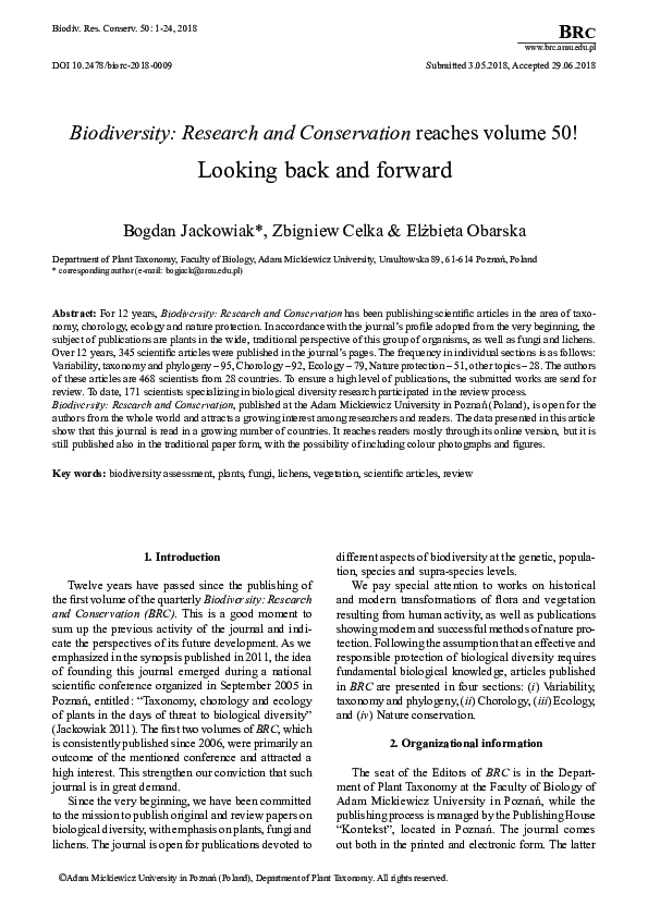(PDF) Biodiversity: Research and Conservation reaches volume 50 ...