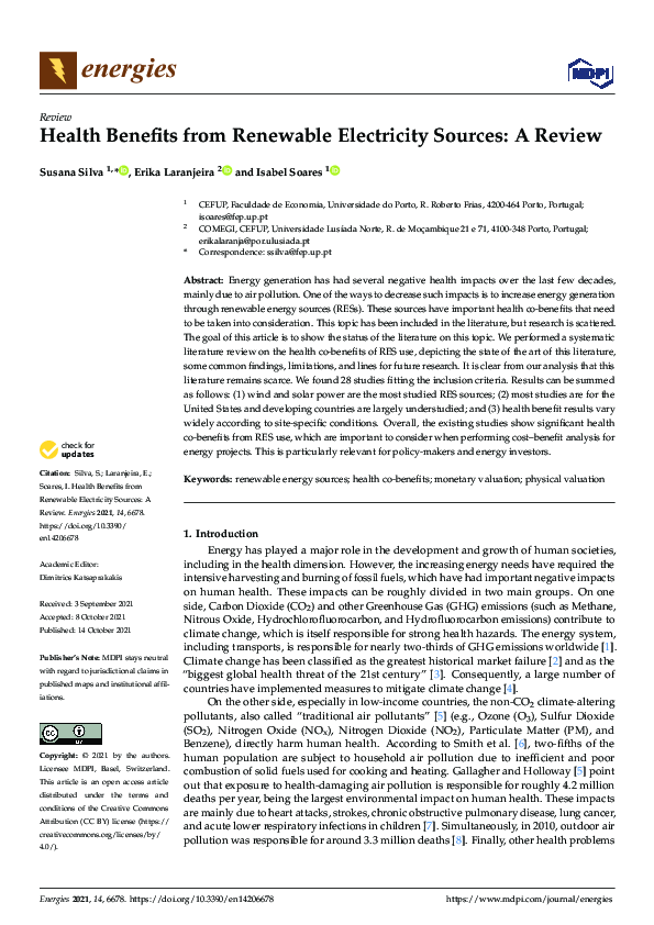 (PDF) Health Benefits from Renewable Electricity Sources: A Review